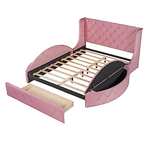 VilroCaz Queen Size Upholstered Platform Bed with Wingback Headboard, Velvet Platform Bed Mattress Foundation with 1 Big Drawer and 2 Side Storage Stool, Strong Wood Slats Support (Pink-S)