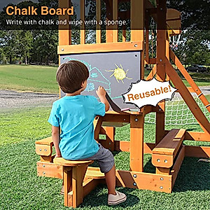 SuniBoxi Wooden Swing Set/Playset Made for Small Yards and Kids Toddlers Age 3-6, 6-in-1 Playground Set with Picnic Table Drawing Board Sandboxes Basketball Hoop Soccer Net