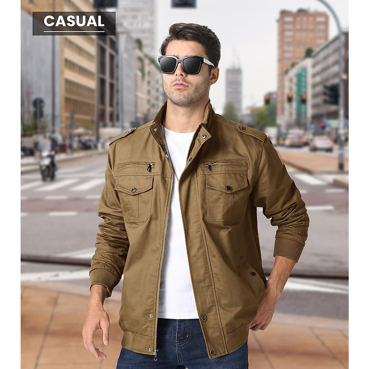 EKLENTSON Mens Cargo Jackets Men Military Windbreaker Cotton Jacket Mens Winter Bomber Jacket Khaki 2XL