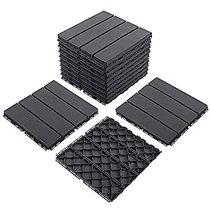 domi outdoor living Patio Deck Tiles, 12 x 12 inches Composite Interlocking Decking Tile, Four Slat Plastic Outdoor Flooring, 9 Pieces One Pack, Dark Grey