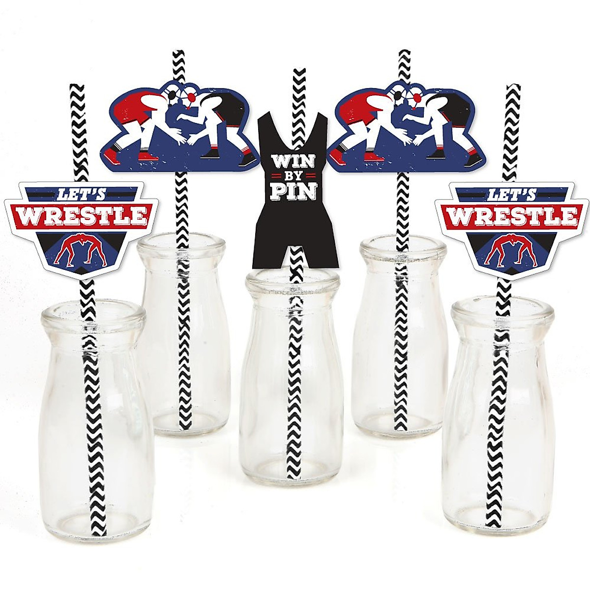 Big Dot of Happiness Own the Mat - Wrestling - Paper Straw Decor - Birthday Party or Wrestler Party Striped Decorative Straws - Set of 24