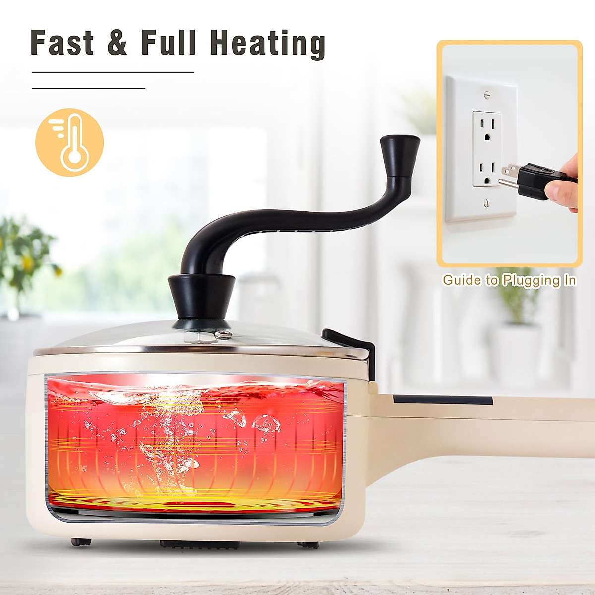 Multifunctional Electric Hot Pot Cooker, Upgraded Non-Stick Stainless Steel 1L Mini Portable Lazy Pot Popcorn Ramen Maker for Steak Egg Soup Travel with Long Handle Power Adjustment milky white