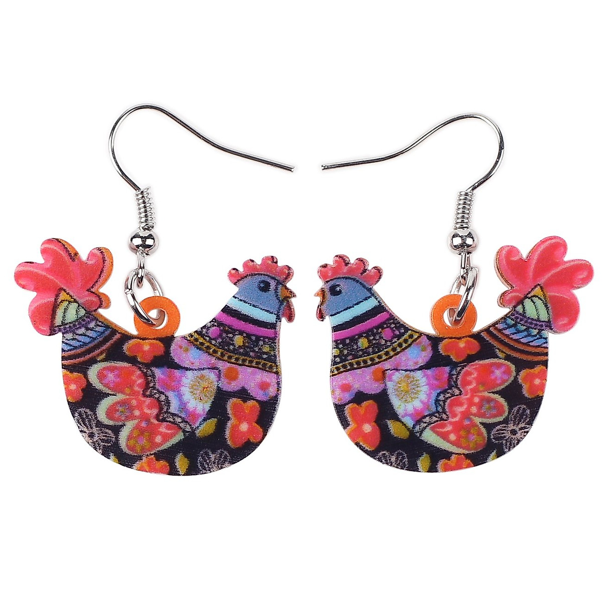 Acrylic Drop Hen Chicken Earrings Funny Farm Design Lovely Gift For Girls Women By The Bonsny (Red)