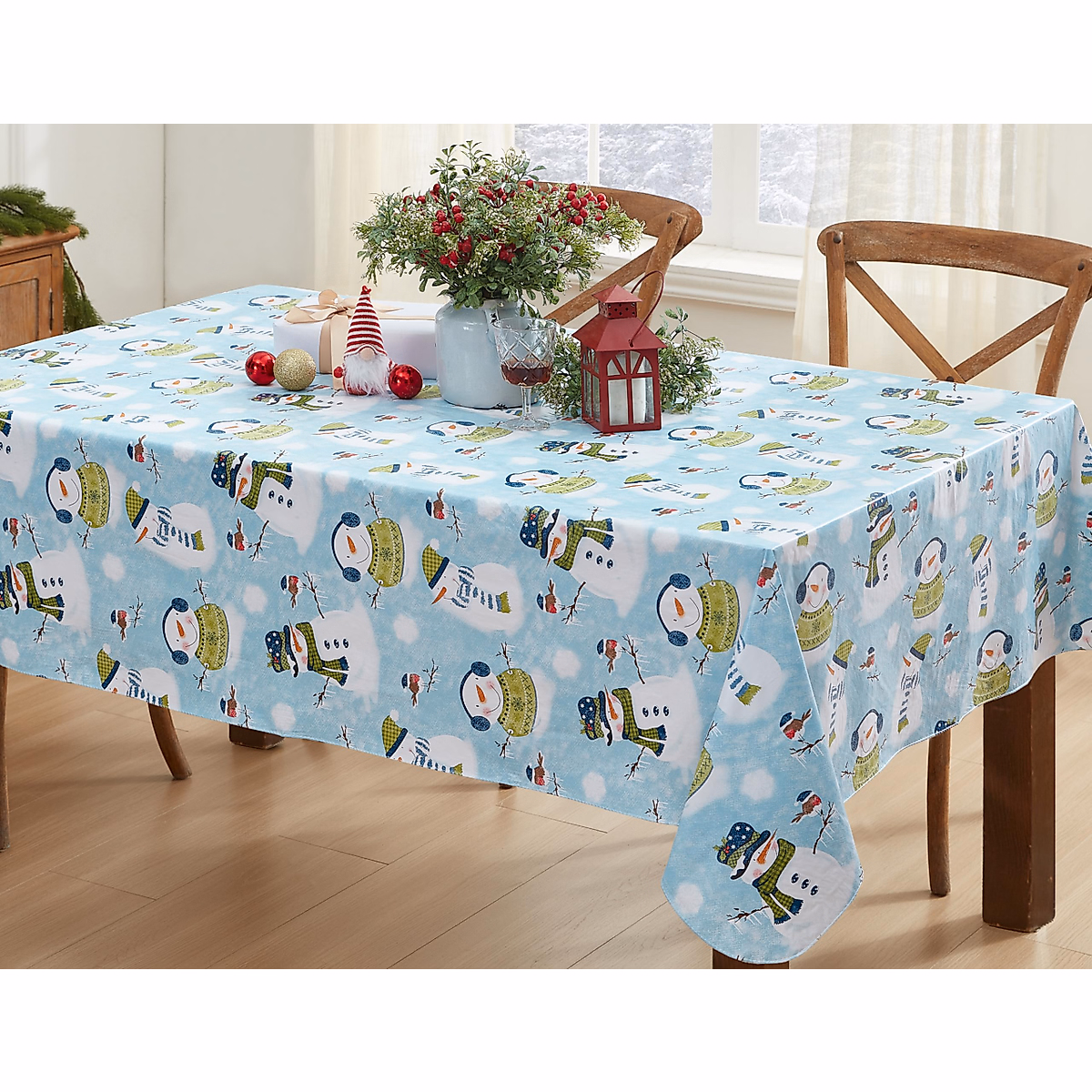 Newbridge Blue Snowy Snowman Print Flannel Back Vinyl Christmas Tablecloth - Cute Snowmen in Sweaters and Scarves Xmas Winter Holiday Wipe Clean Easy Care Tablecloth, 60” x 102” Oblong/Rectangle