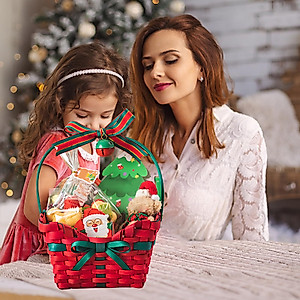 Christmas Baskets for Gifts Empty Hand-Woven Rectangle Red & Green Storage Baskets with Handle & Bow, Small Xmas Tote Basket for Holiday Decorative Present Wrapping (Red)