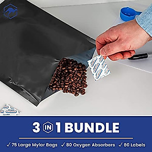 15x Silver 5 Gallon Wallaby Mylar Bag - (5 Mil) and 75 Wallaby Mylar Bags - Bundle - 1 Gallon - Matte Black (5 Mil - 10’’x14’’), Oxygen Absorbers, Labels - Resealable Zipper, Heat Seal, FDA Grade