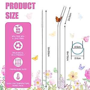 8 Pcs Glass Straws with Butterflies 8 mm x 7.9 Reusable Glass Straws Colorful Glass Butterfly Straws Shatter Resistant Bent Drinking Straws with 2 Cleaning Brushes for Smoothie Juice Beverages