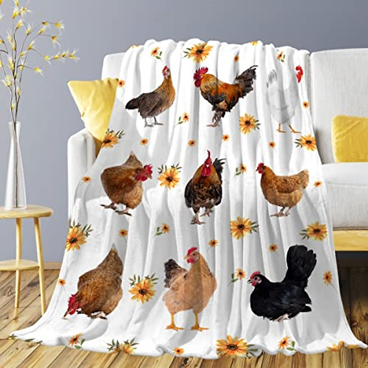 Chickens Sunflowers Flannel Throw Blanket,Super Soft Fluffy Plush Bed Blanket for Couch Sofa Travel Camping,Bed Quilt Home Decor for All Seasons,30"x40"-Toddlers/Pets Size