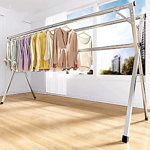 GUNQIUBA Clothes Drying Racks, Heavy Duty Stainless Steel Clothes Standing Drying Pole with 20 Windproof Hooks for The Balcony Indoor or Outdoor, Length Adjustable and Foldable (79 inch)