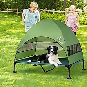 Upgraded Elevated Dog Bed with Canopy, Portable Raised Outdoor Dog Bed with Stable Anti-Slip Feet, Wider Shade Off Ground Pet Bed Cot, Raised Dog Beds for Large Dogs Camping, Indoor & Outdoor Use