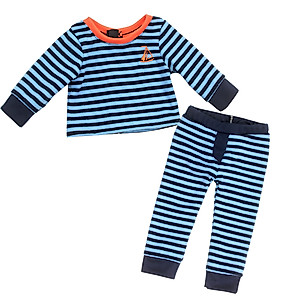 Sophia's Blue Striped Pajama Shirt with Long Sleeves and Orange Sailboat Embroidery Detail Plus Matching Pants 2 Piece Set for 18" Boy Dolls, Blue