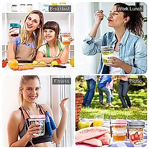 Kryhonva 2 Pack Glass Overnight Oats Container with Lids and Spoon, Overnight Oats Jars with Measurement Marks, Mason Jars for Milk, Vegetable and fruit Salad Storage Container (White+Pink)