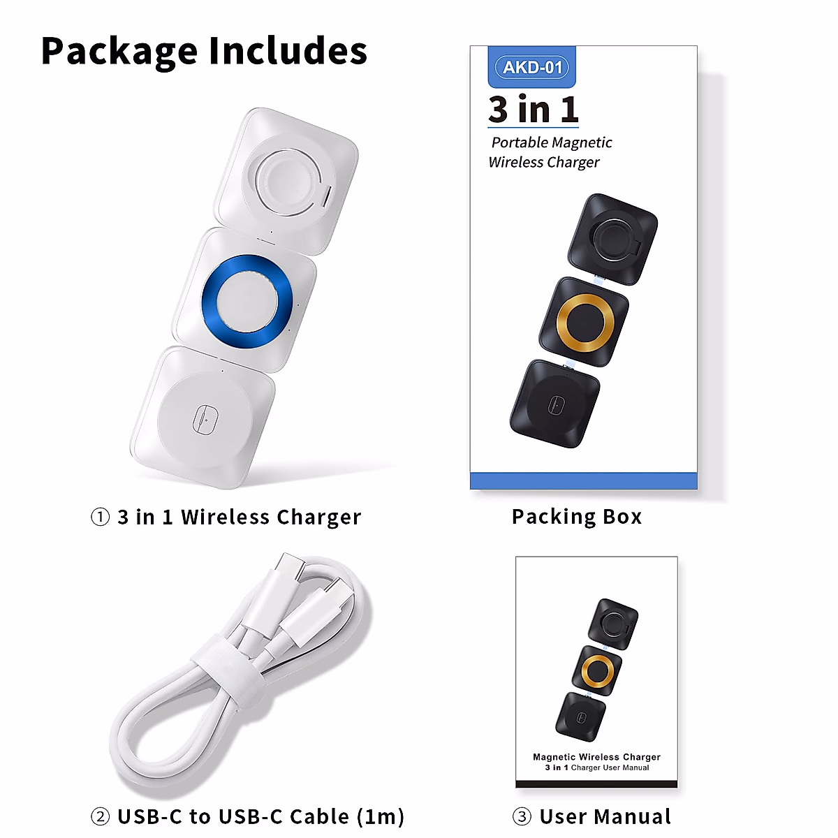 3 in 1 Wireless Charger for iPhone,Portable 3 in 1 Magnetic Wireless Charging Station,Travel Charger for Multiple Devices,for iPhone 15 14 13 Pro Max,AirPods,Apple Watch-White (Adapter not Included)