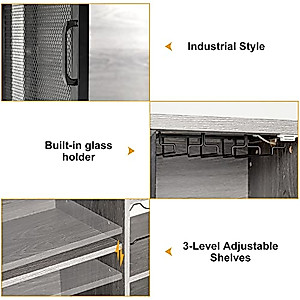 LED Wine Bar Cabinets for Home – Industrial Liquor Cabinet Bar with 2 Hinged Doors, Adjustable Wood and Steel Bar Table with Bottles Rack, Kitchen Farmhouse Coffee Bar, Living Room Furniture, Grey