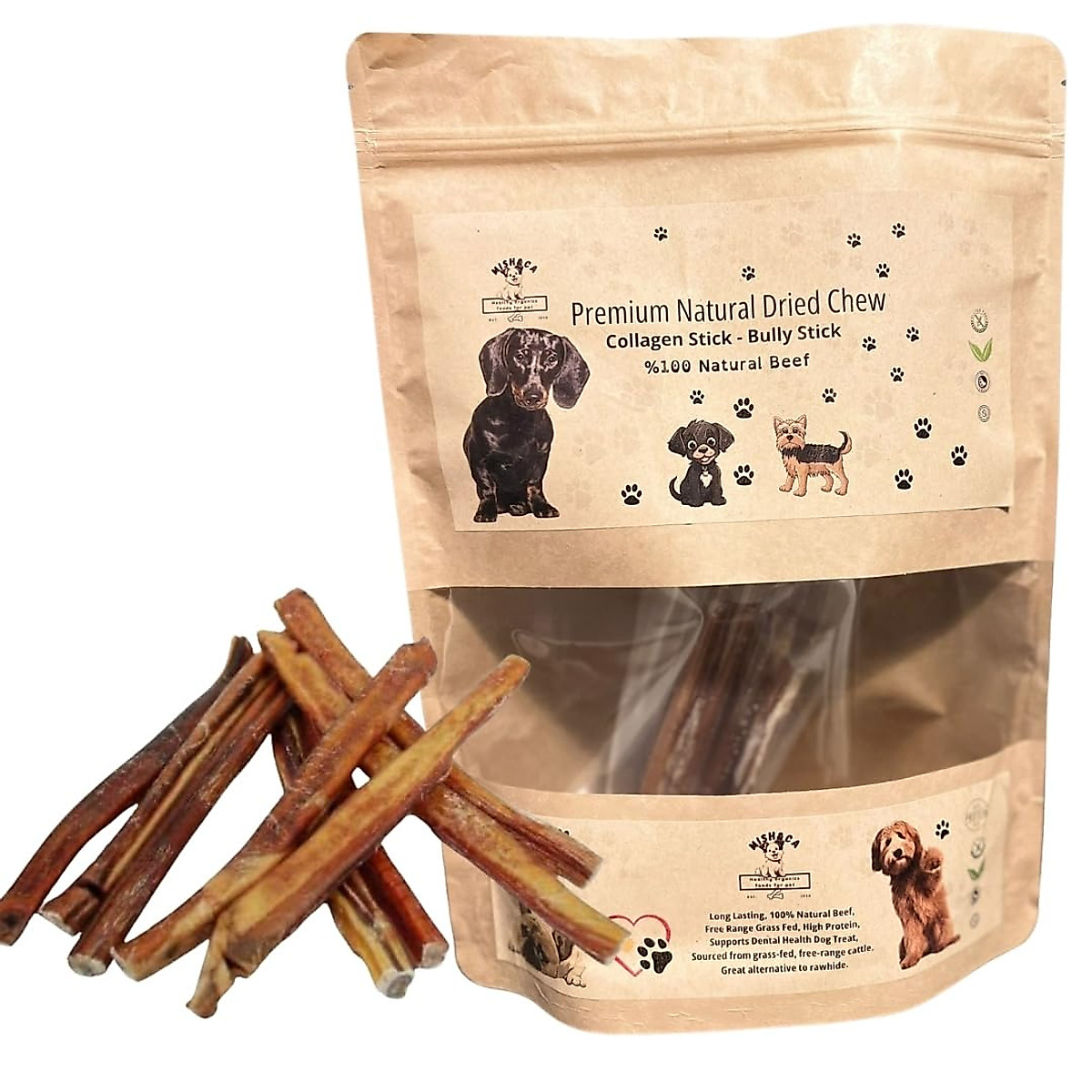 MISH&CA Bully Sticks for Dogs - Tough Long Lasting, Rawhide Free, Low Odor, Healthy Single Ingredient Chew Treat for Aggressive Chewers - 100% Free-Range Grass-Fed Beef (100 GR 15 CM, Straight)