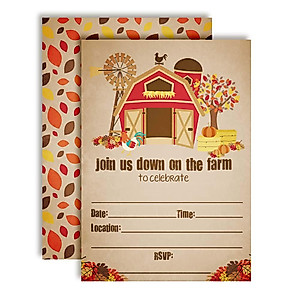 Rustic Old Fashioned Barn Fall & Autumn Barnyard Farm Birthday Party Invitations, 20 5x7 Fill In Cards with Twenty White Envelopes by AmandaCreation