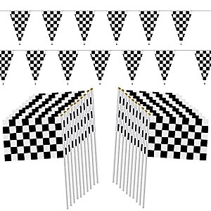 98ft Checkered Black & White Pennant Banner Racing Flags and 20Pcs 11.8 Inch Racing Flags with Plastic Sticks for Racing Party Supplies by HRLORKC