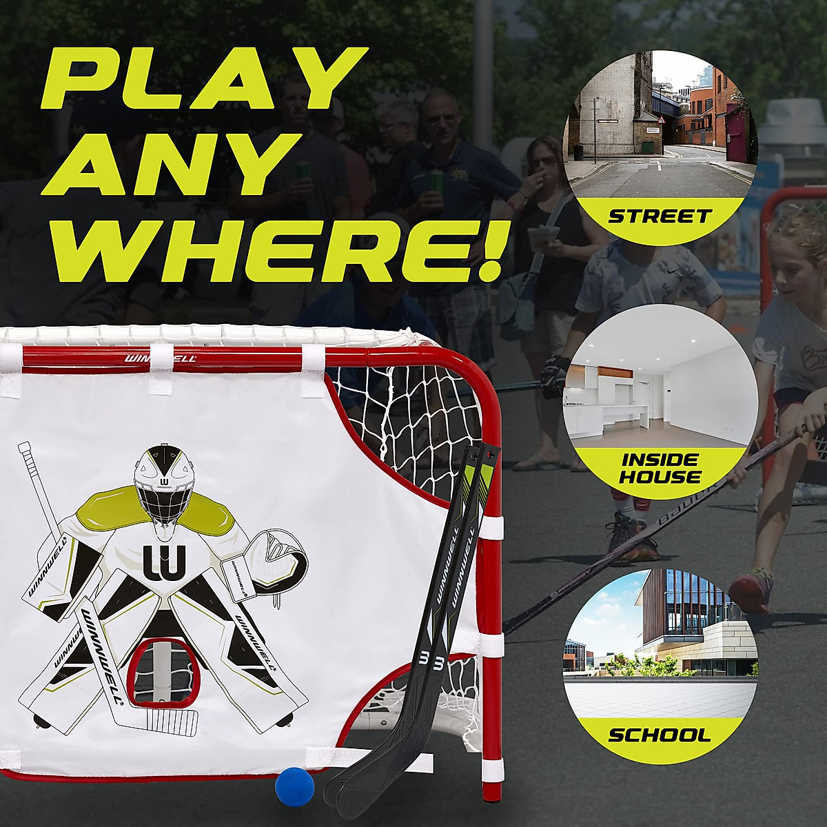 Winnwell Mini Hockey Goal Set - Indoor Hockey Training Equipment - Includes 2 Mini Sticks, 1 Ball, 1 Net Goal & Shooting Target