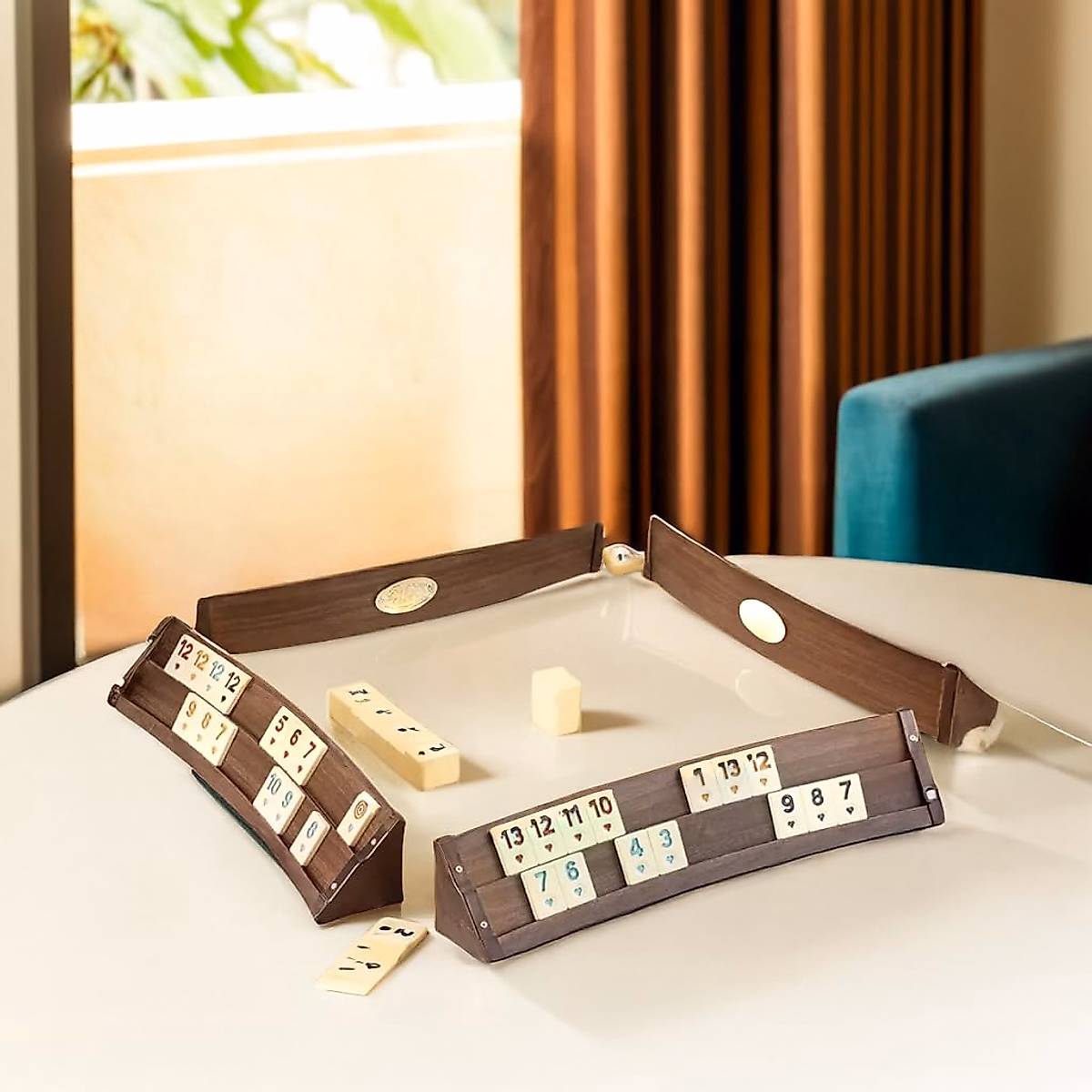 LaModaHome Premium Curved Rummy, Okey, 101 Game Set, Portable Bag, Unscratchable Tiles and Racks, Outdoor and Indoor Game for Family & Friends, Classic Travel Tabletop Fun - Brown