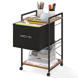 VECELO Mobile File Cabinet, Rolling Printer Shelf with Handle, Fabric Vertical Filing Cabinet fits Letter Size, Sturdy Steel Frame for Home Office, Brown