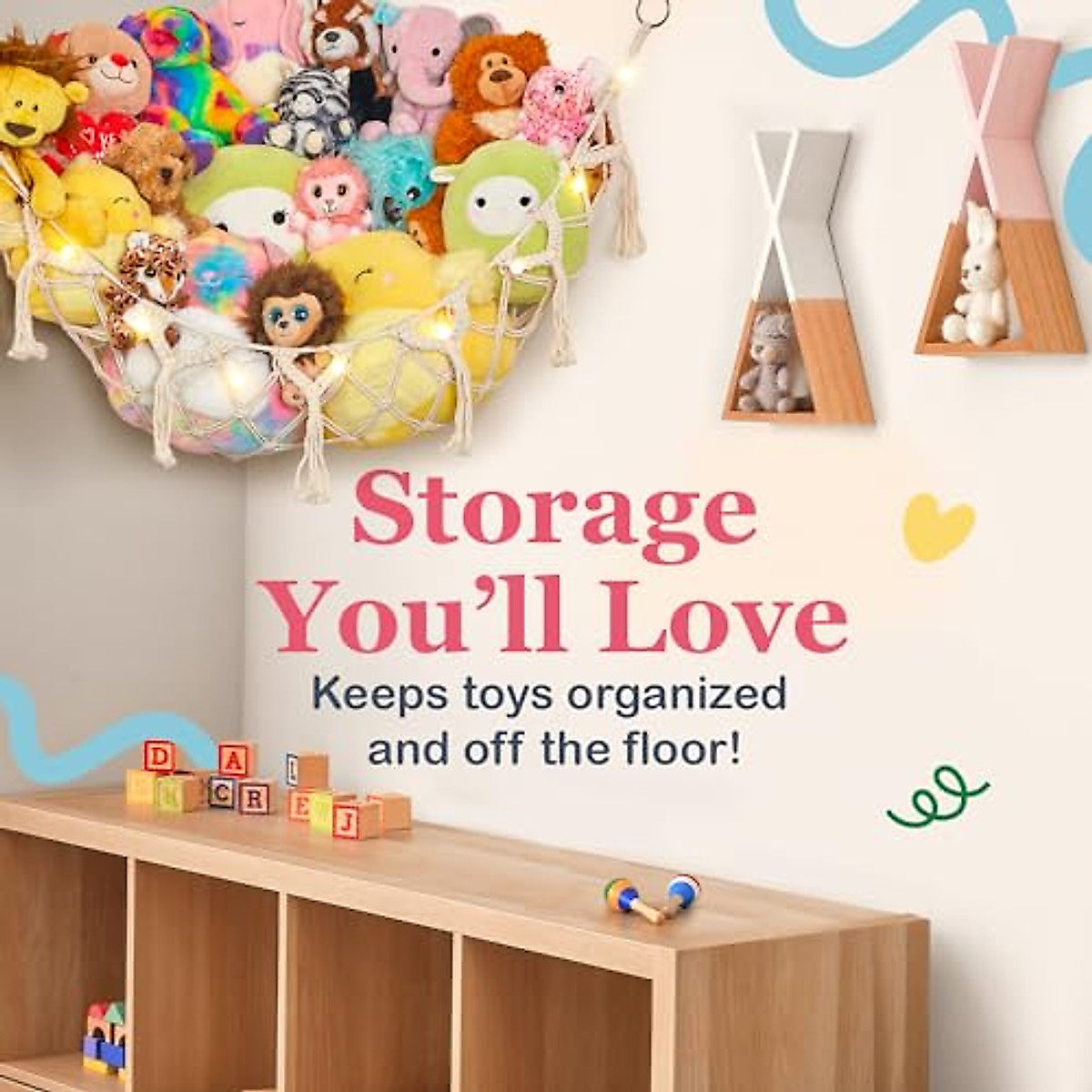 Lilly's Love Stuffed Animal Macrame Hammock w/String Lights | Large Boho Style Rope Net Holder for Kids Toys | Hanging Corner Nursery Storage Organizer for Your Plushie Pets (White)