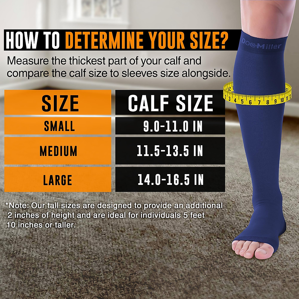 Doc Miller, Open Toe Compression Socks, 8-15 mmHg, Toeless, Support Circulation, Shin Splints, Calf Recovery, Varicose, Knee High, Medical Grade, Dark Blue Socks, Large Size for Men & Women, Pair