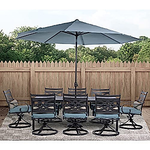 Hanover Montclair 9-Piece All-Weather Outdoor Patio Dining Set, 8 Swivel Rocker Chairs with Comfortable Seat and Lumbar Cushions, 84"x42" Stamped Rectangle Table, Umbrella, and Umbrella Base