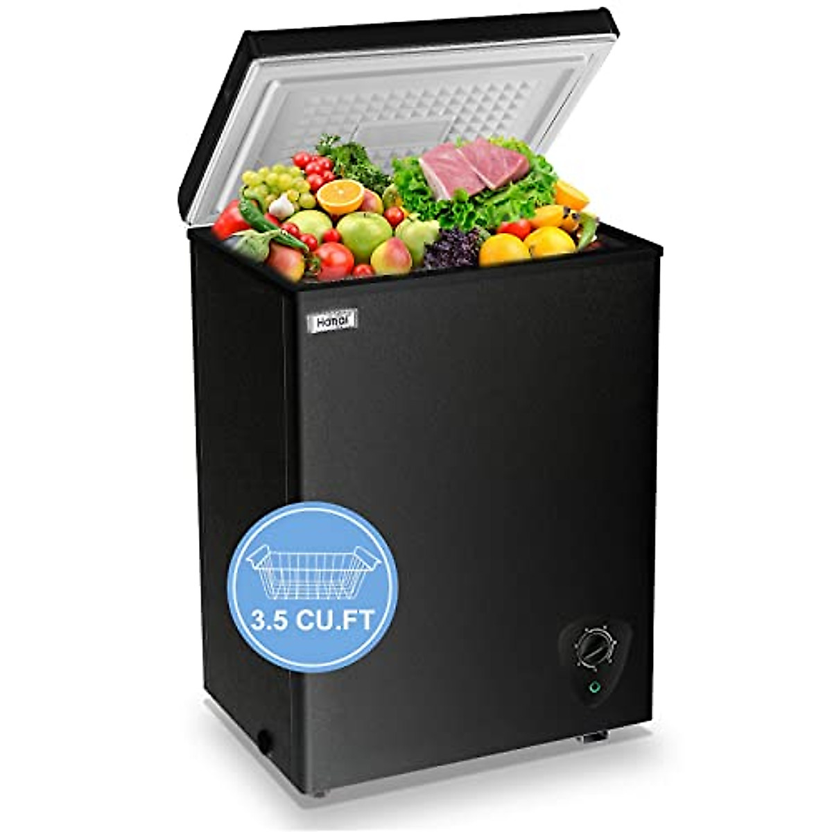 Chest Freezer Small Freezer Black Deep Freezers 3.5 Cu.Ft Compact Freezer Free-Standing Top Door Freezer Adjustable 7 Thermostat and Removable Basket Open Deep Freezer Energy Saving Apartment Kitchen