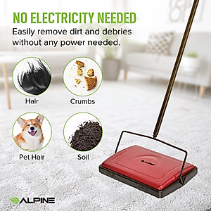 Alpine Manual Carpet Sweeper Triple Brush – Non Electric Multi-Surface Floor Cleaner Easy Sweeping for Carpeted Floors (Red -Updated)
