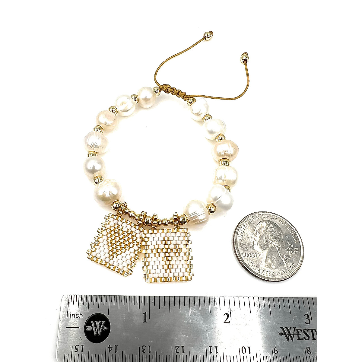 LESLIE BOULES White Gold Scapular Love Bracelet for Women Baroque Pearls Beads