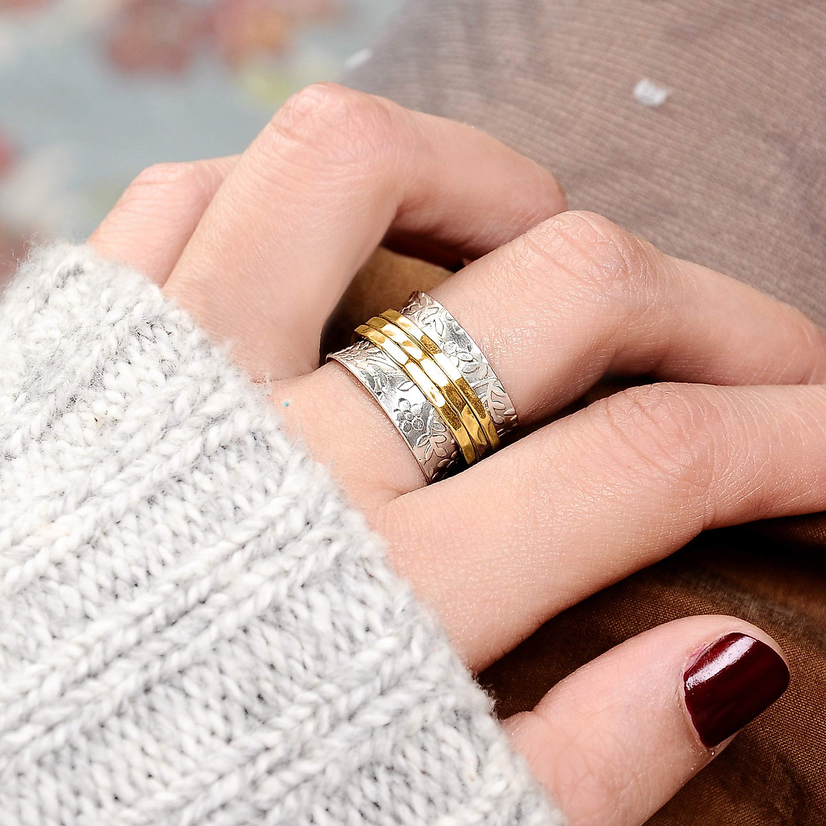 Boho-Magic 925 Sterling Silver Spinner Flowers Ring for Women with 3 Brass Fidget Rings Wide Band (9)