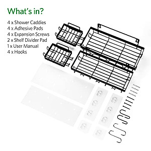 Shower Caddy | Bathroom Shelf, 4 Pack Adhesive Shower Shelf, Shower Rack with 4 Hooks,SUS304 Rustproof | No Drilling Traceless Adhesive Shower Organizer, for Shower & Kitchen(Frosted Black)