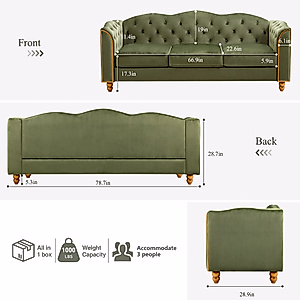 HITHOS 78" Velvet Sofa Couch, Soft 3 Seater Sofa Couche for Living Room, Button Tufted Comfy Couch Modern Sofa with Upholstered Cushion, Gold Trim, Solid Wood Legs for Dorm Bedroom Apartment, Green