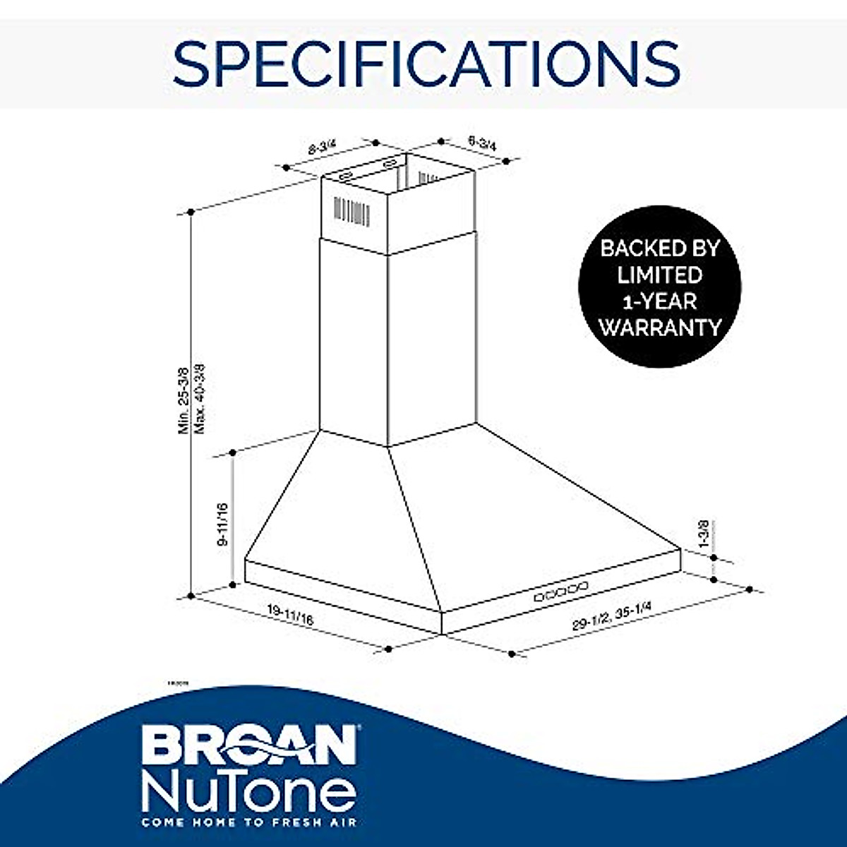 Broan-NuTone BWP2366SS Convertible Wall-Mount LED Lights Pyramidal Chimney Range Hood, 630 MAX Blower CFM, 36-Inch, Stainless Steel