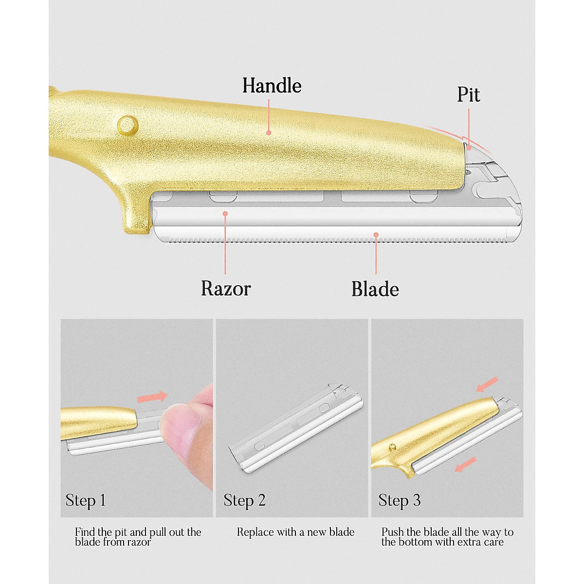 ennva Eyebrow Razor for Women - Eyebrow Trimmer Dermaplaning Tool- Ergonomic Eyebrow Shaper and Facial Razor for Peach Fuzz-Exfoliating Face Razor for Eyebrows-Eye Brow Shaver Razors w/ 7 Blades- Gold