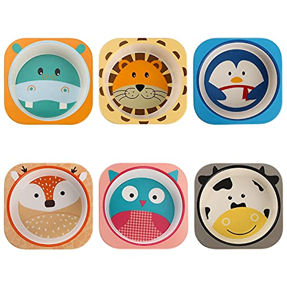 ZEAYEA 6 Pack Bamboo Kids Bowls, 10 Oz Durable Cartoon Bowls for Children, BPA Free Cute Snacks Bowls, Square Dinner Tableware for Serving Soup, Cereal, Pasta, Ice Cream, Dishwasher Safe