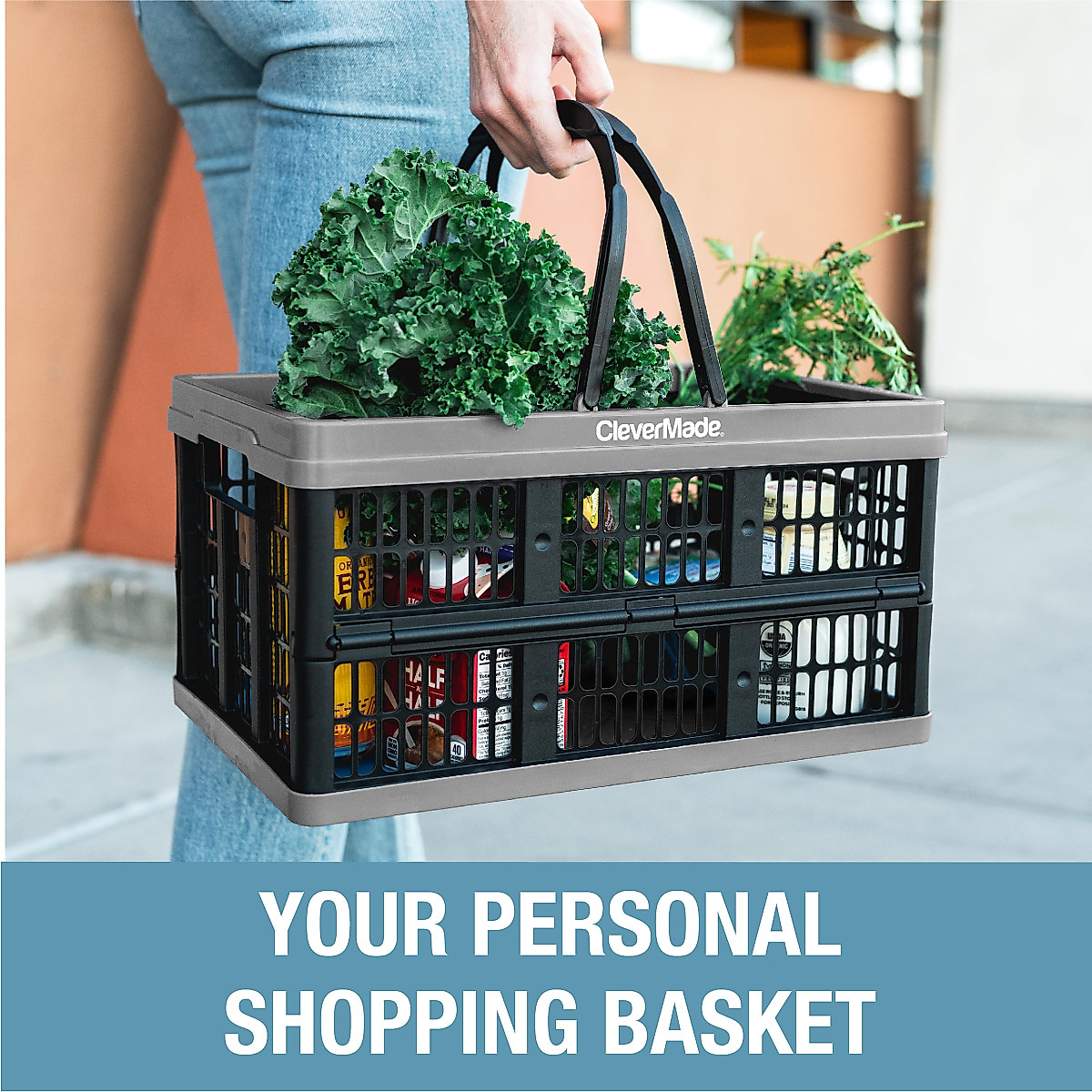 CleverMade 16L Collapsible Reusable Plastic Grocery Shopping Baskets; Small Foldable Storage Crates with Handles, 3 Pack, Charcoal