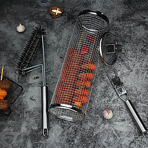 Rolling Grilling/Barbeque Baskets with Handle-Stainless BBQ Grill Mesh for Outdoor Camping/Grilling- Multipurpose Grilling Accessories Barbecue Rack/Net for Meat, Vegetables, Chips, French Fries, Fish