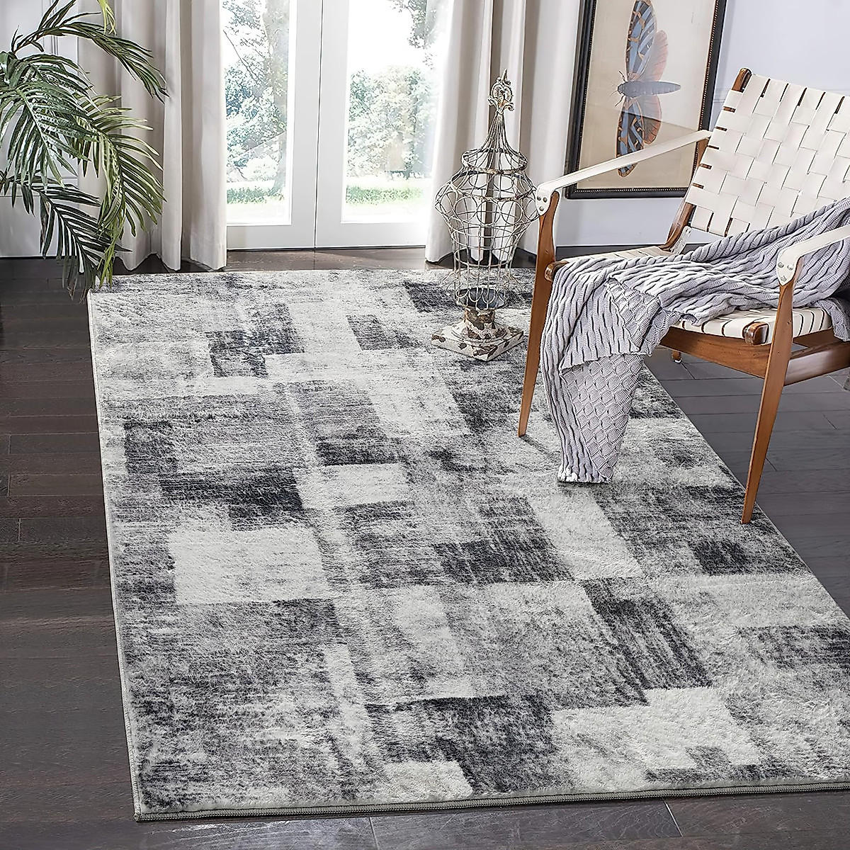 Area Rug Living Room Rugs 8x10 Washable: Indoor Soft Low Shaggy Fluffy Pile Carpet Abstract Decor Large for Bedroom Dining Room Under Kitchen Table Home Office - Gray/Ivory