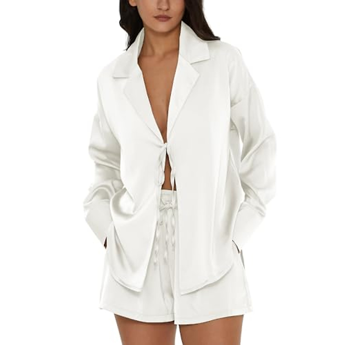 DEEP SELF Silk Pajama Sets for Women, Tie Front Long Sleeve Shirts and Shorts Satin Pj Set Soft Two Piece Sleepwear Lounge Sets (White, Large)