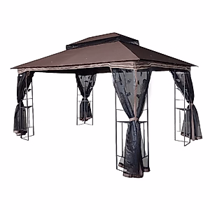 JINS&VICO 13x10 ft Gazebo Double Roof Canopy with Netting and Shaded Curtains, Outdoor Gazebo 2-Tier Hardtop Galvanized Iron Aluminum Frame Garden Tent for Patio, Backyard, Deck and Lawns, Brown