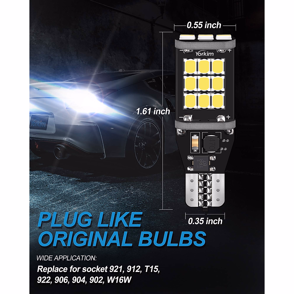 Yorkim 921 LED Bulb 6000K White 921 led reverse lights Bright 21-SMD 2835 Chips Error Free T15 led Backup Light Bulbs 906 904 902 W16W 912 led lights for car, Pack of 2