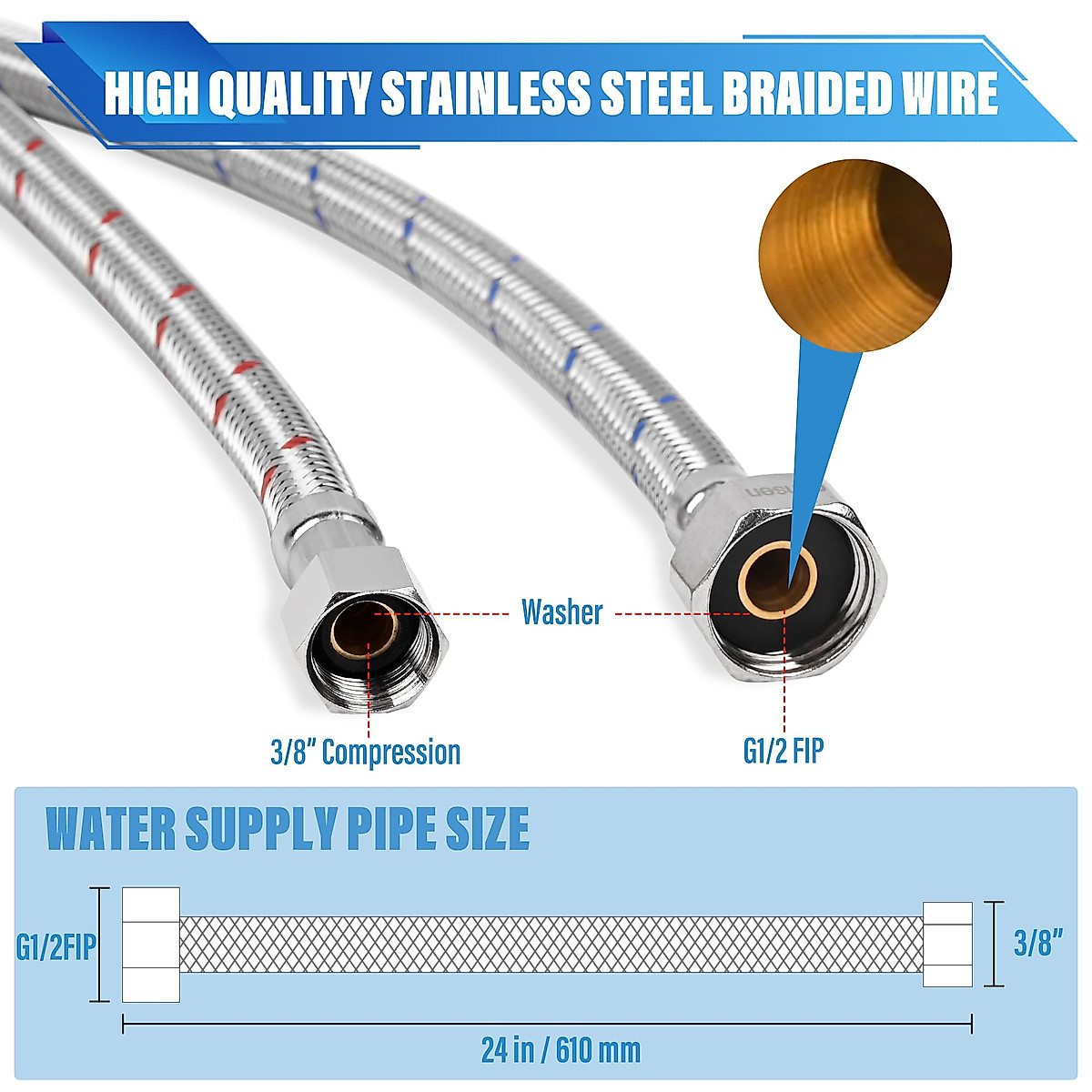 4 Pcs Faucet Hose Connectors, 3/8" Comp x 1/2" FIP Premium Braided Stainless Steel Water Supply Lines for Bathroom, Toilet and Kitchen Faucets (24 Inch)