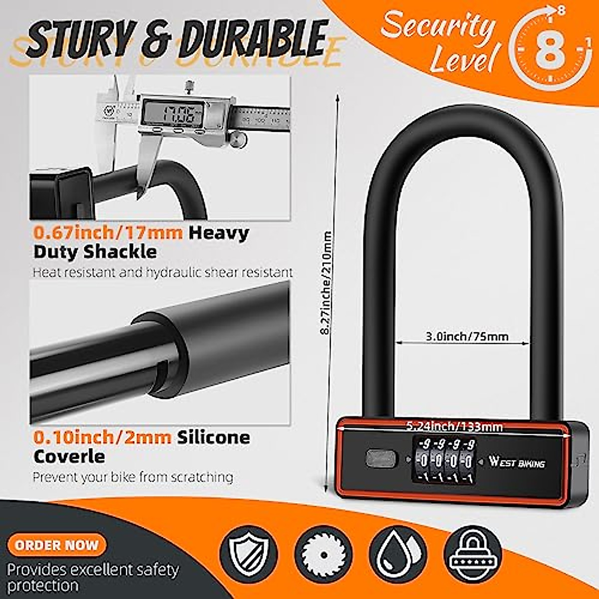ICOCOPRO Bike U Lock - 17mm Shackle Heavy Duty Bike Locks - U Lock with 4-Digit Resettable Combination - Bicycle Lock with Sturdy Mounting Bracket for Electric Bike, Bikes,Scooter