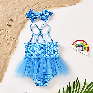 Baby/Toddler Girls One Pieces Swimsuit Quick Dry Beach Swimwear Bathing Suits with Ruffle Tulle Frill UPF 50+ Sun Protection (4-5 T, C-Blue Scale)