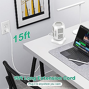 Power Strip Tower 15 ft Long Extension Cord - 8 Outlets Power Surge Protector with 4 USB Ports - Multi Plug Outlet Extender - Multiple Outlets Charging Station for Multiple Devices, Phone, Computer