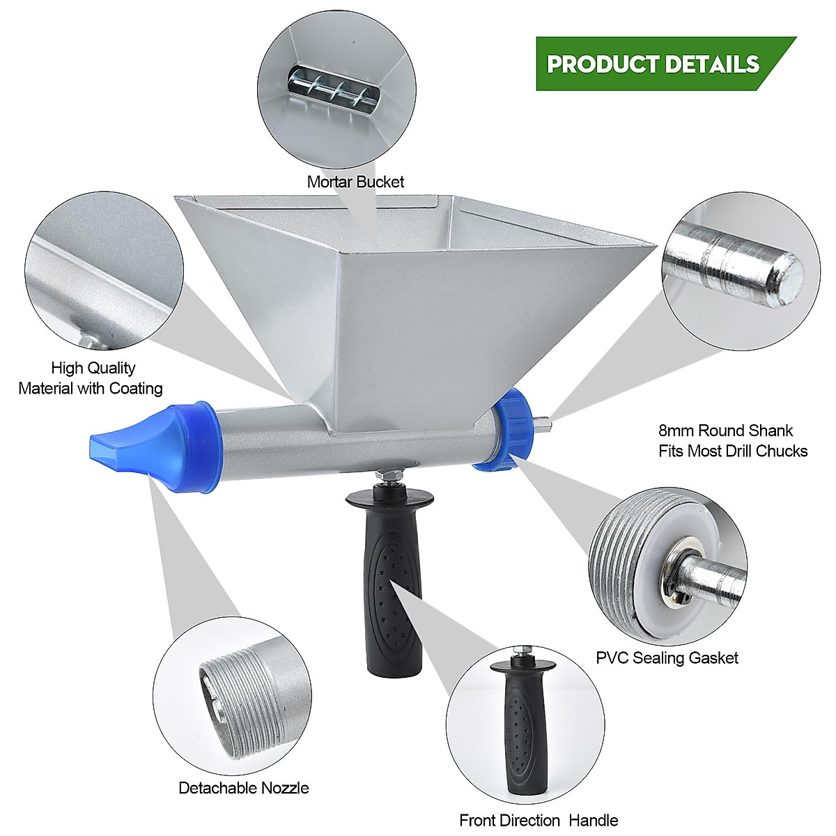 BOXmime Auger Mortar Caulking Gun,All-Metal Portable Pointing Grouting Caulking Sprayer With 5 Nozzles for Walls, Bricks, Floors (Not include Electric Drill)