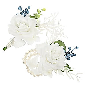 USHOBE Wrist Corsage and Boutonniere Set, Artificial White Rose Flowers Wrist Corsage Wristlet and Groom Boutonniere for Bride Groom Decor Wedding Prom Suit Decoration White