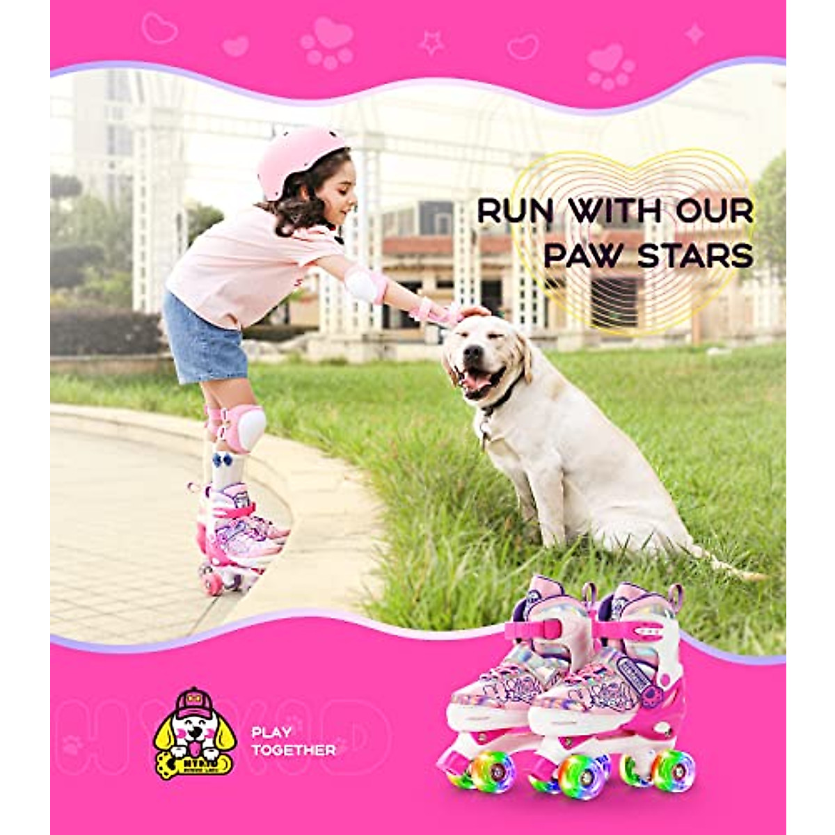 HYKID Paw Stars 4 Size Adjustable Roller Skates with Light Up Wheels,Safe for Girls Kids Toddler, Trimmable Insole Included (Small)