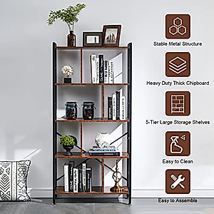 VECELO Home Office 5-Tier Bookshelf and Chair Set, Industrial Book Shelf with Ergonomic Lumbar PU Padded Chairs for Task Work, Black and Brown